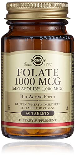 Solgar Folate 1000 mcg, 60 Tablets - 1000 mcg Bio-active Metafolin - Heart Health - Vegan, Gluten Free, Dairy Free, Kosher - 60 Servings