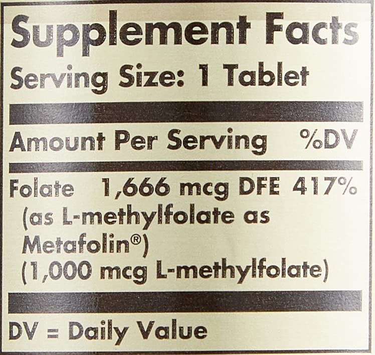 Solgar Folate 1000 mcg, 60 Tablets - 1000 mcg Bio-active Metafolin - Heart Health - Vegan, Gluten Free, Dairy Free, Kosher - 60 Servings