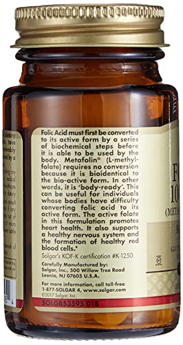 Solgar Folate 1000 mcg, 60 Tablets - 1000 mcg Bio-active Metafolin - Heart Health - Vegan, Gluten Free, Dairy Free, Kosher - 60 Servings