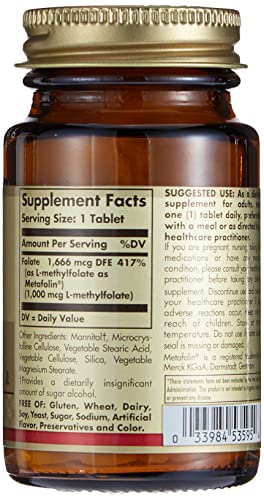 Solgar Folate 1000 mcg, 60 Tablets - 1000 mcg Bio-active Metafolin - Heart Health - Vegan, Gluten Free, Dairy Free, Kosher - 60 Servings