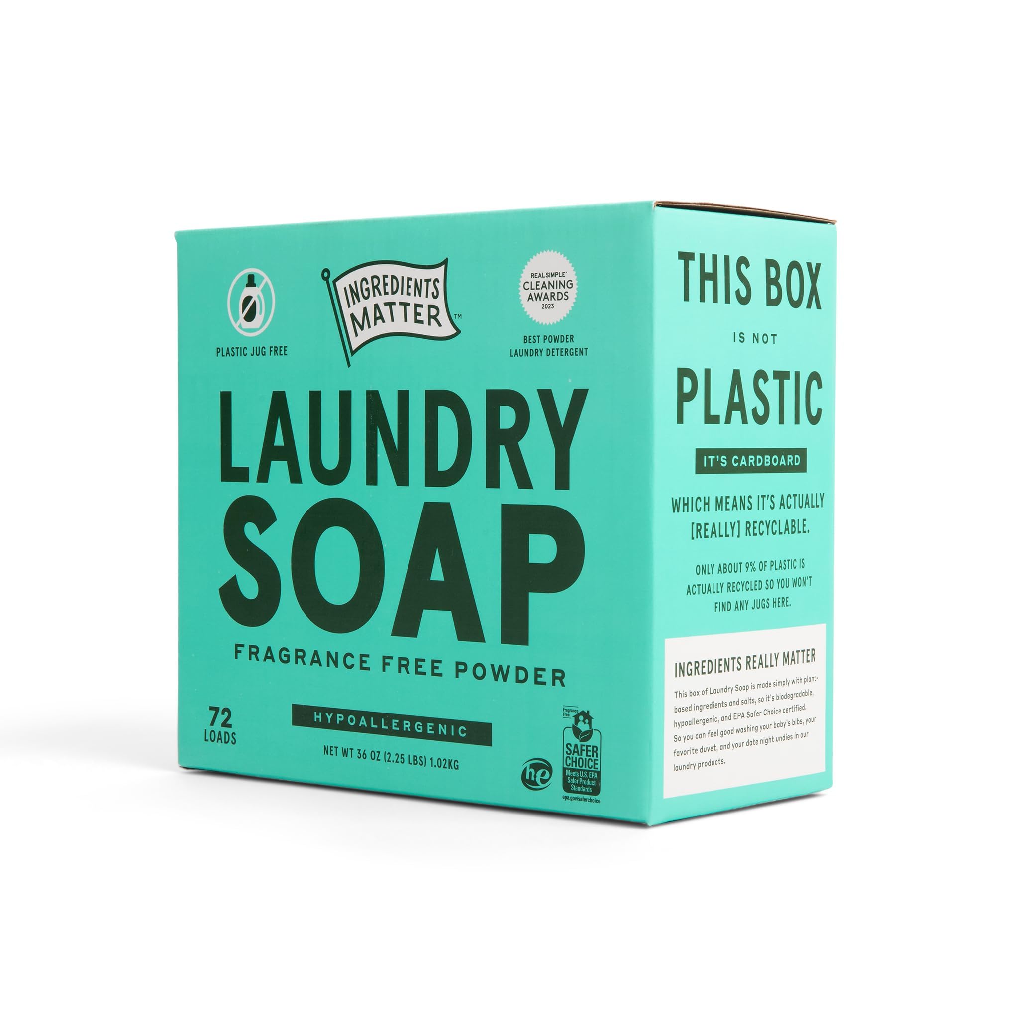 Ingredients Matter Powder Laundry Soap - Fragrance Free, Hypoallergenic Detergent, Natural & Eco-Friendly, Plastic Free, Made in USA, Natural Essential Oils & Dermatologist Tested - 36 oz, 72 Loads