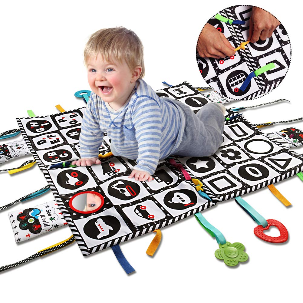 teytoy Tummy Time Floor Mirror, Double High Contrast Play and Pat Activity Mat Black and White Baby Crinkle Toys with Teether, Great Gift for Infants Boys and Girls -Pack of 4