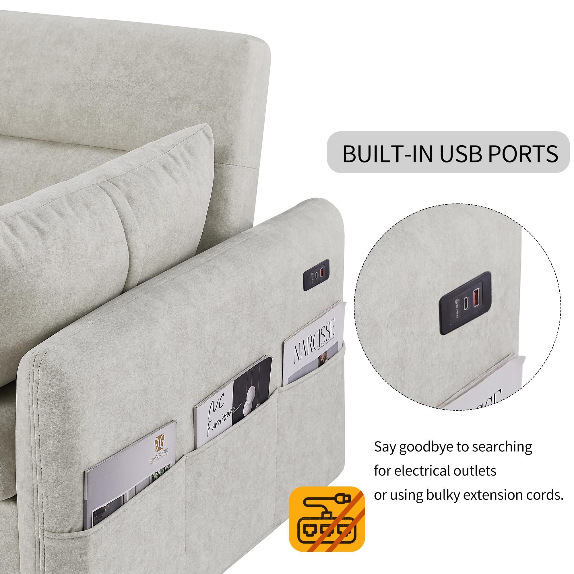 Merax 55.1" W Convertible Sofa Bed with Adjustable Backrest,2 Pillows,USB Ports and 6 Storage Side Pockets,Pull-Out Sleeper Sofabed Microfiber Loveseat Couch for Living Room, Bedroom, Apartment,Beige
