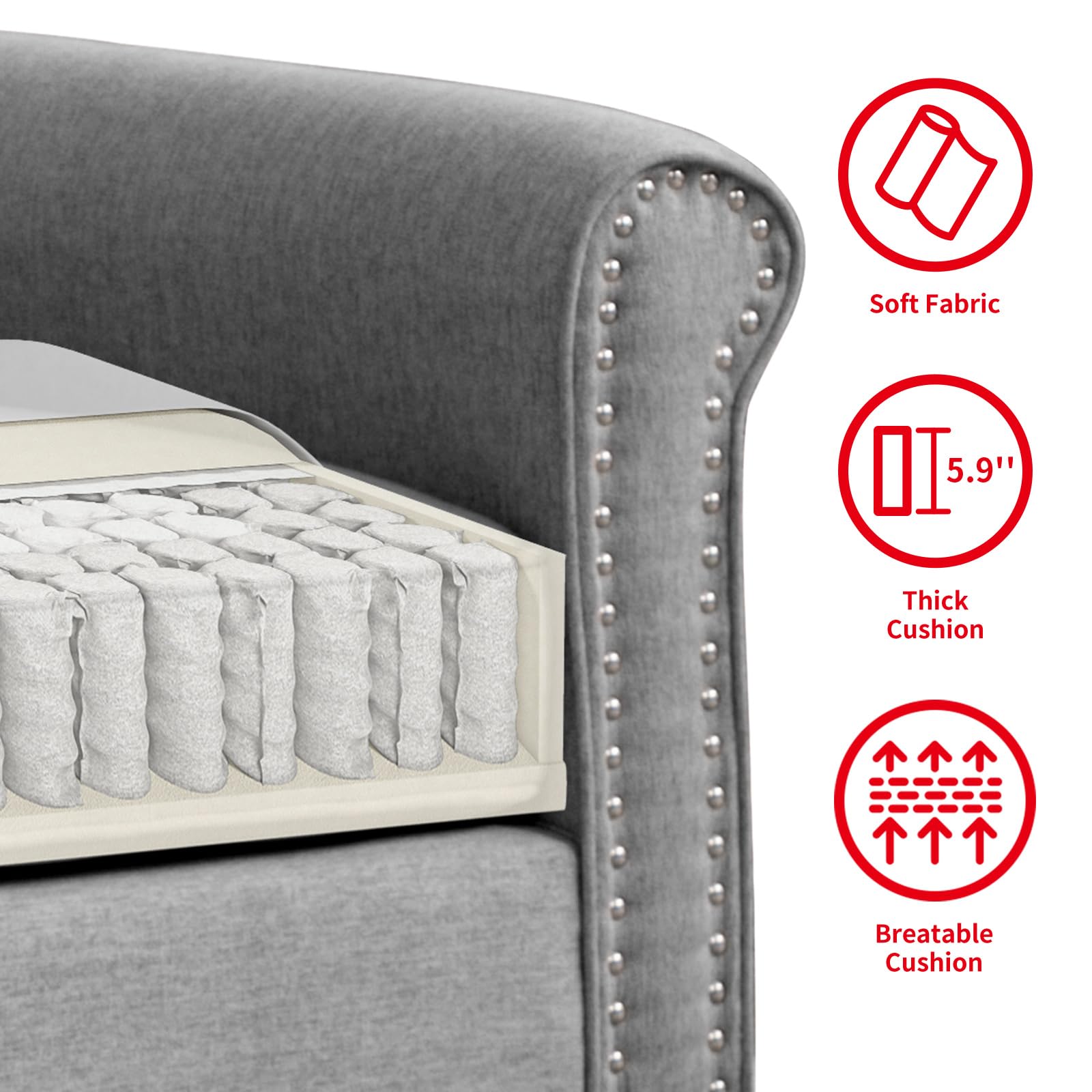 PUREMIND Loveseat, Light Grey Sofa Couches for Living Room, Linen Fabric, Mid Century Modern Couch with Solid Wood Frame and 4 Gourd Shapes Legs, Small Couches for Small Spaces
