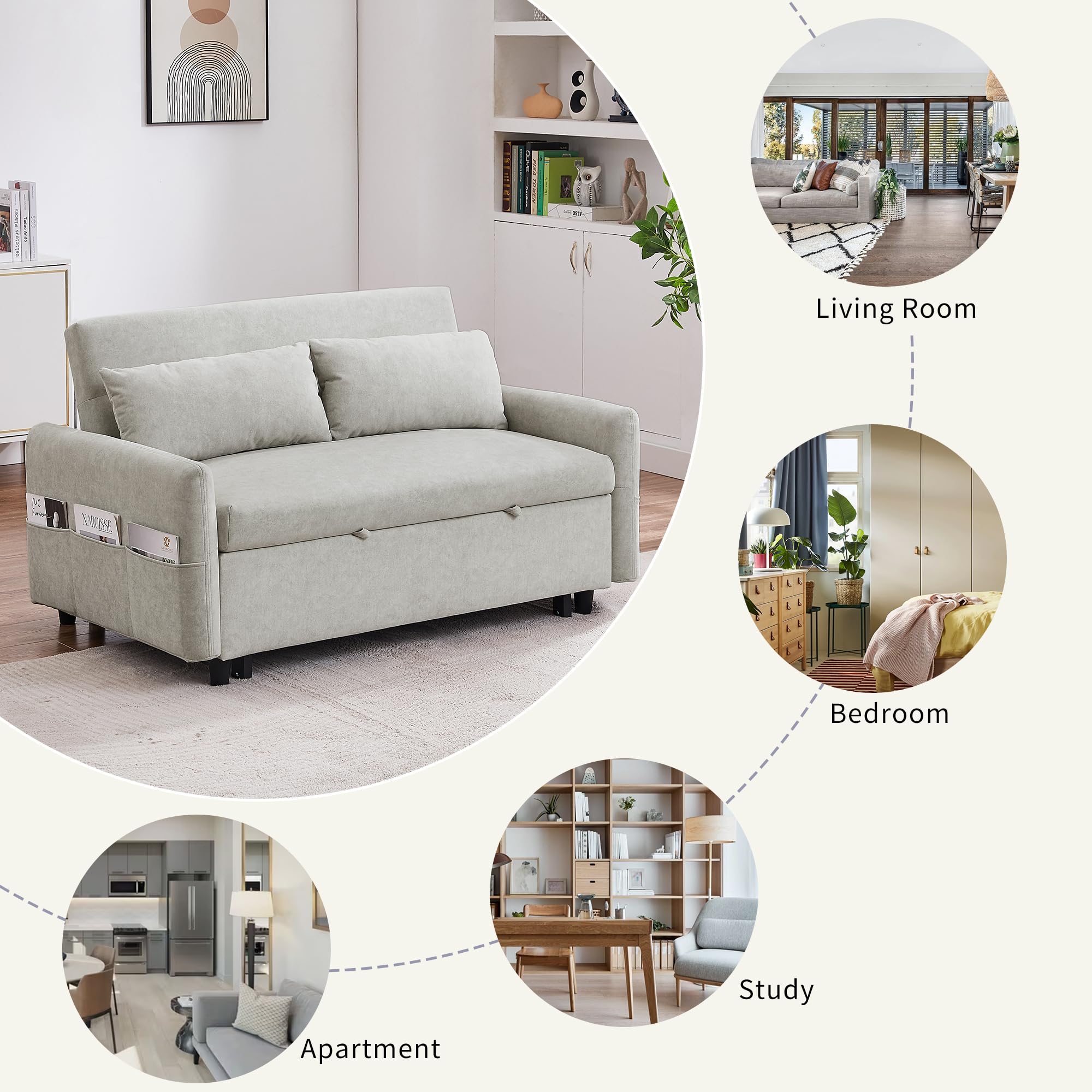 Merax 55.1" W Convertible Sofa Bed with Adjustable Backrest,2 Pillows,USB Ports and 6 Storage Side Pockets,Pull-Out Sleeper Sofabed Microfiber Loveseat Couch for Living Room, Bedroom, Apartment,Beige