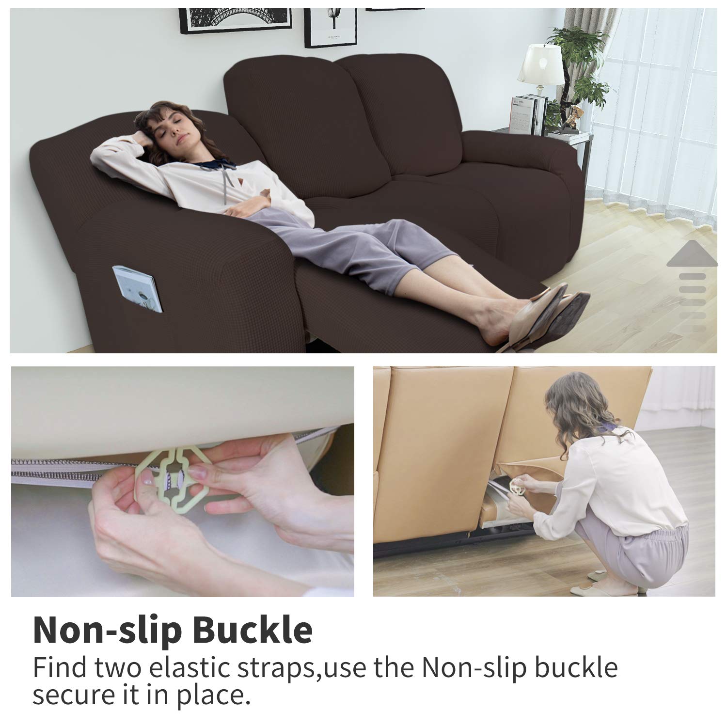 Easy-Going 6 Pieces Recliner Loveseat Stretch Sofa Slipcover Sofa Cover Furniture Protector Couch Soft with Elastic Bottom Kids, Spandex Jacquard Fabric Small Checks Chocolate