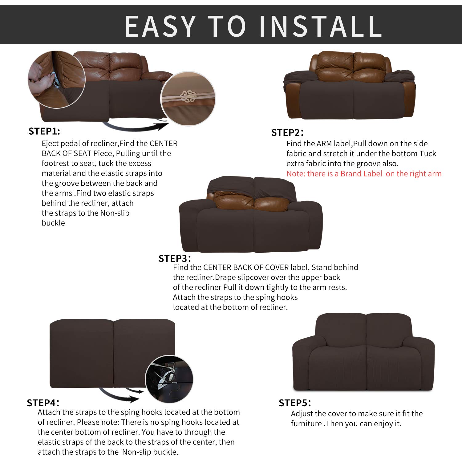 Easy-Going 6 Pieces Recliner Loveseat Stretch Sofa Slipcover Sofa Cover Furniture Protector Couch Soft with Elastic Bottom Kids, Spandex Jacquard Fabric Small Checks Chocolate