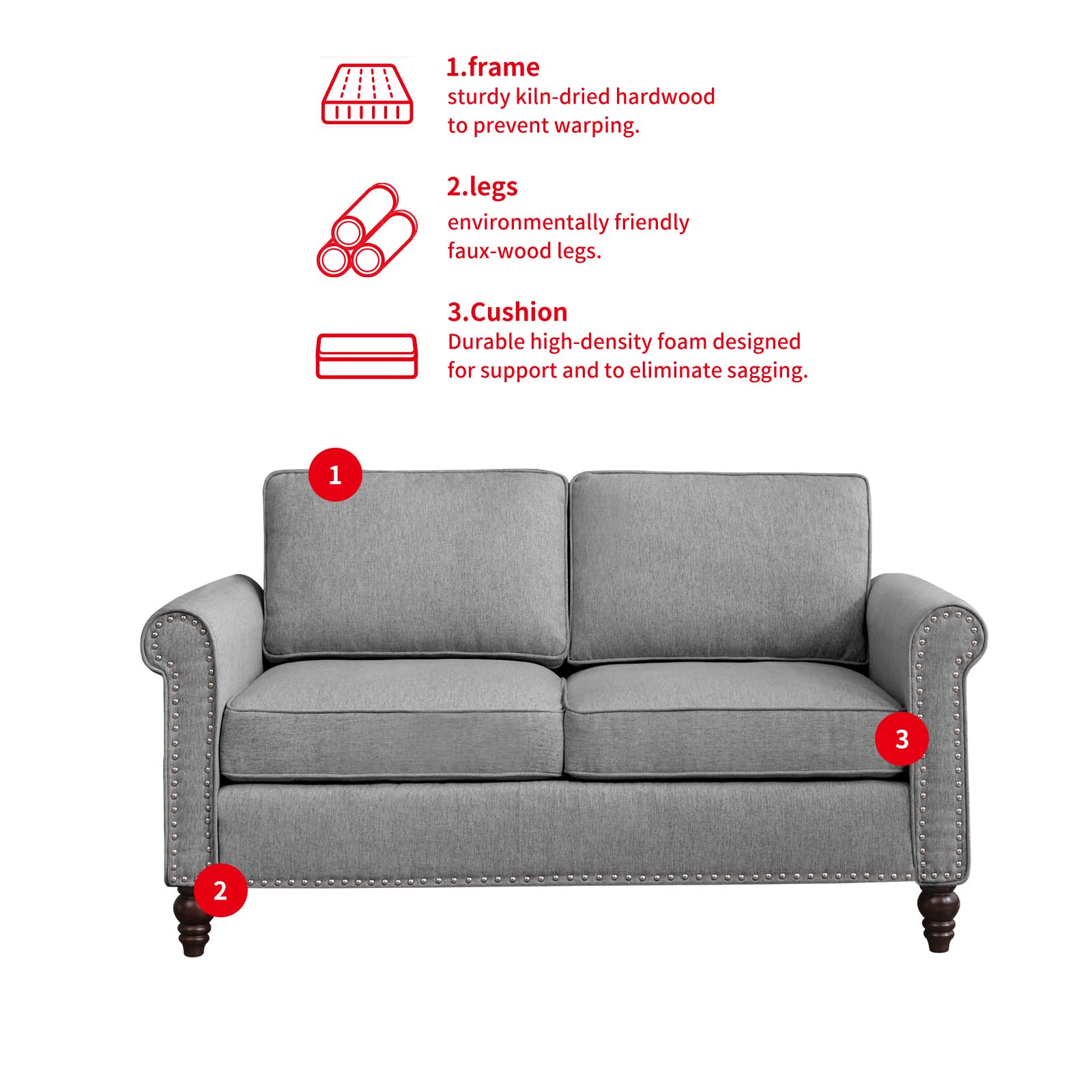 PUREMIND Loveseat, Light Grey Sofa Couches for Living Room, Linen Fabric, Mid Century Modern Couch with Solid Wood Frame and 4 Gourd Shapes Legs, Small Couches for Small Spaces