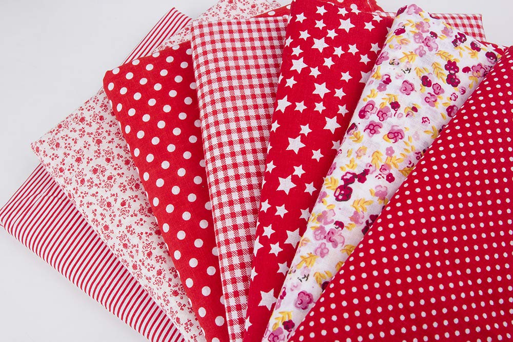 7Pcs 20" x 20" Cotton Fabric DIY Making Supplies Quilting Patchwork Fabric Fat Quarter Bundles DIY for Quilting Patchwork Cushions (Red, 20" x 20")