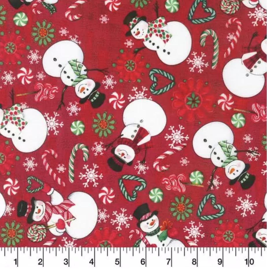 Red Sweet Christmas Snowmen Precut Durable Soft Hand Cotton Fabric by The Yard - One Yard