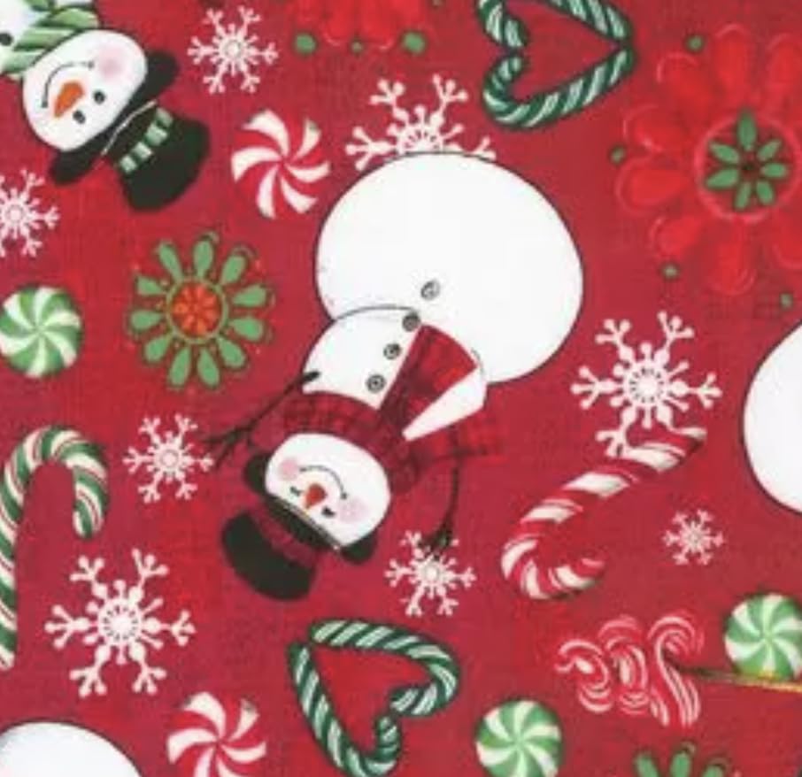 Red Sweet Christmas Snowmen Precut Durable Soft Hand Cotton Fabric by The Yard - One Yard