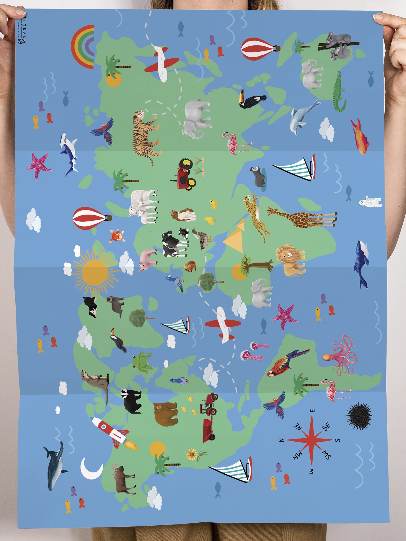 CENTRAL 23 World Map Wrapping Paper - Kids Wrapping Paper - 6 Sheets Blue Gift Wrap - Animals - Birthday Wrapping Paper For Boys Girls - Baby Shower - Recyclable
