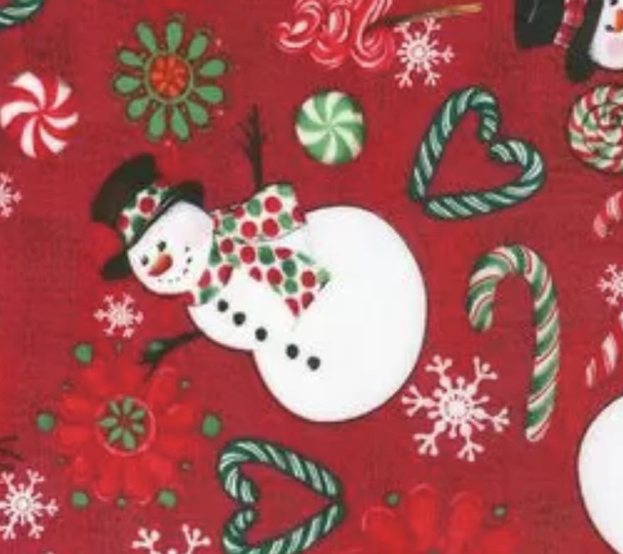 Red Sweet Christmas Snowmen Precut Durable Soft Hand Cotton Fabric by The Yard - One Yard
