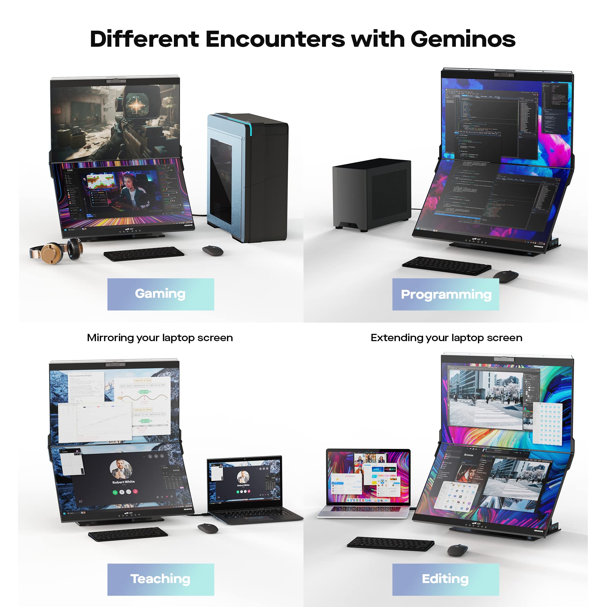 Mobile Pixels Geminos Dual 24" Stacked Computer Monitors with 1080P Webcam&Speakers, 65W USB-C Charging, All-Inclusive Vertical Desktop Monitor, HDMI/USB-A/USB-C, Infinitely Adjustable (2 Monitors)