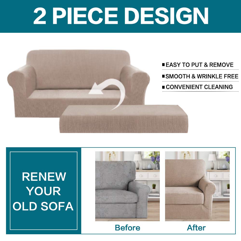 Turquoize Stretch Sofa Slipcover 2 Pieces Sofa Cover Couch Cover for 2 Cushion Couch Washable Furniture Protector Covers with Elastic Bottom Feature Thick Jacquard Fabric (Loveseat, Sand)