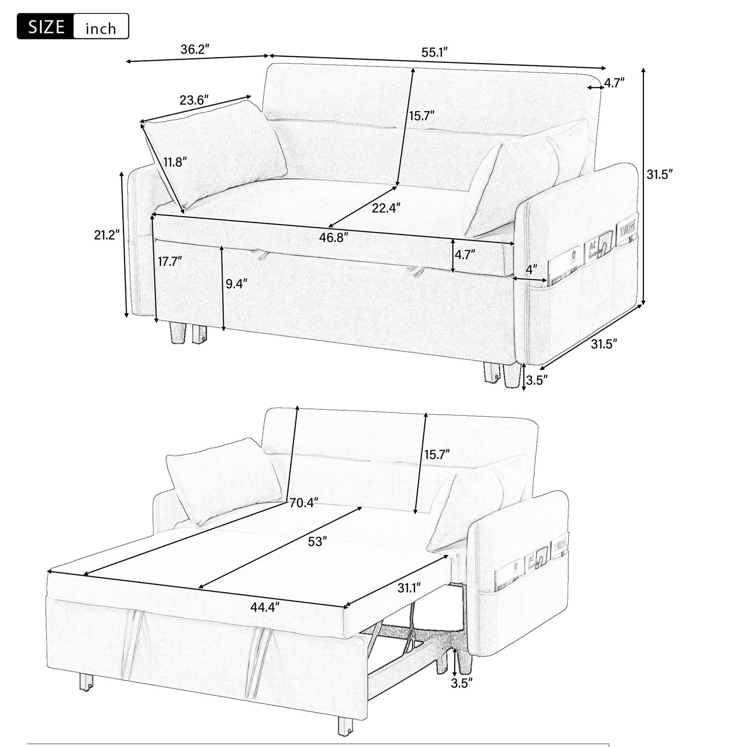 Merax 55.1" W Convertible Sofa Bed with Adjustable Backrest,2 Pillows,USB Ports and 6 Storage Side Pockets,Pull-Out Sleeper Sofabed Microfiber Loveseat Couch for Living Room, Bedroom, Apartment,Beige