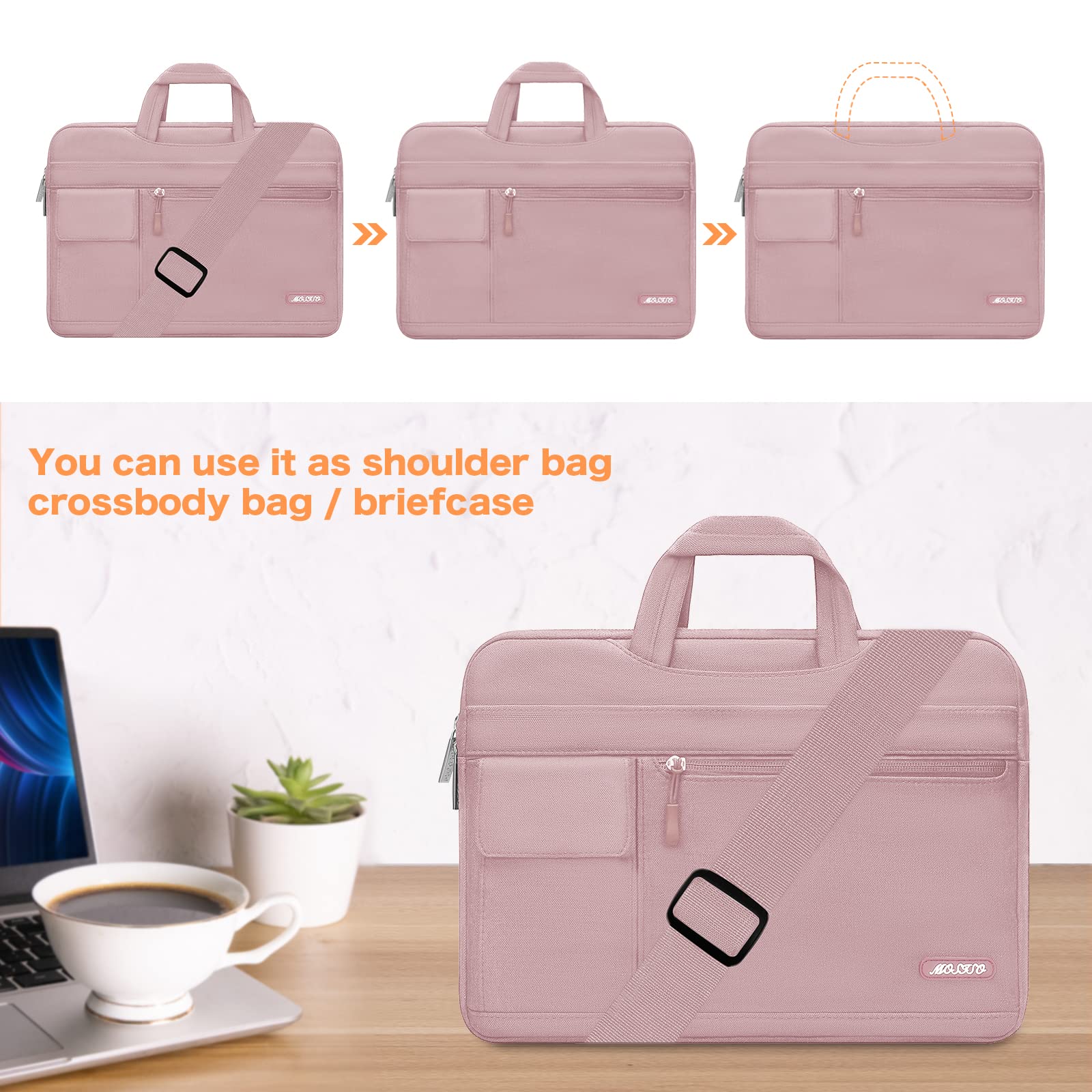MOSISO Laptop Shoulder Bag Compatible with MacBook Air/Pro,13-13.3 inch Notebook,Compatible with MacBook Pro 14 inch M3 M2 M1 Pro Max 2023-2021,Polyester Flapover Briefcase Sleeve Case, Baby Pink