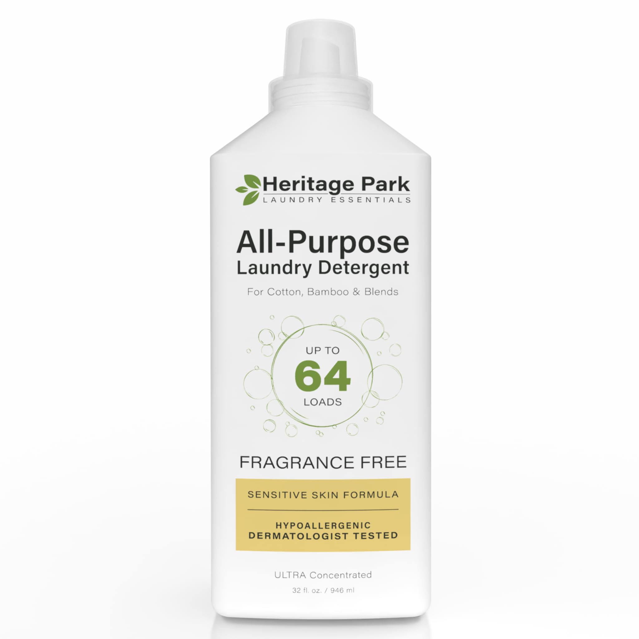 Heritage Park Luxury Laundry Detergent | Dermatologist Tested Plant based Natural & Enzyme Laundry Detergent | Sensitive Skin Friendly - Fragrance Free (32 fl oz)