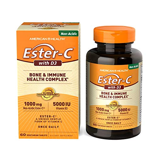 American Health EsterC with D3 Bone Immune Complex Vegetarian Tablets 24Hour Immune Support 1000 mg EsterC 5000 IU Vitamin D3 NonAcidic Vitamin C Servings, 60 Count