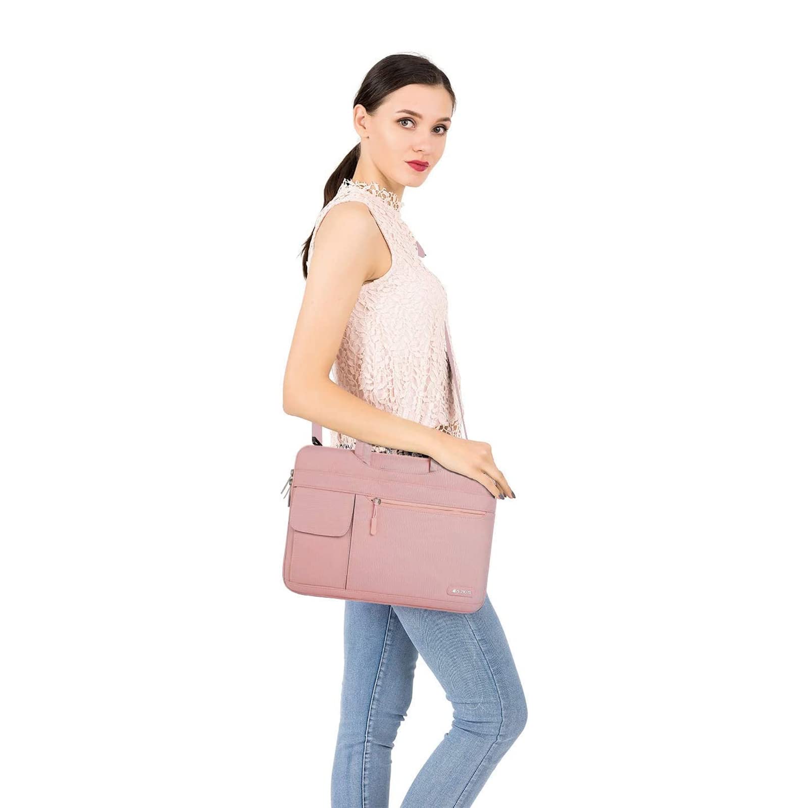 MOSISO Laptop Shoulder Bag Compatible with MacBook Air/Pro,13-13.3 inch Notebook,Compatible with MacBook Pro 14 inch M3 M2 M1 Pro Max 2023-2021,Polyester Flapover Briefcase Sleeve Case, Baby Pink