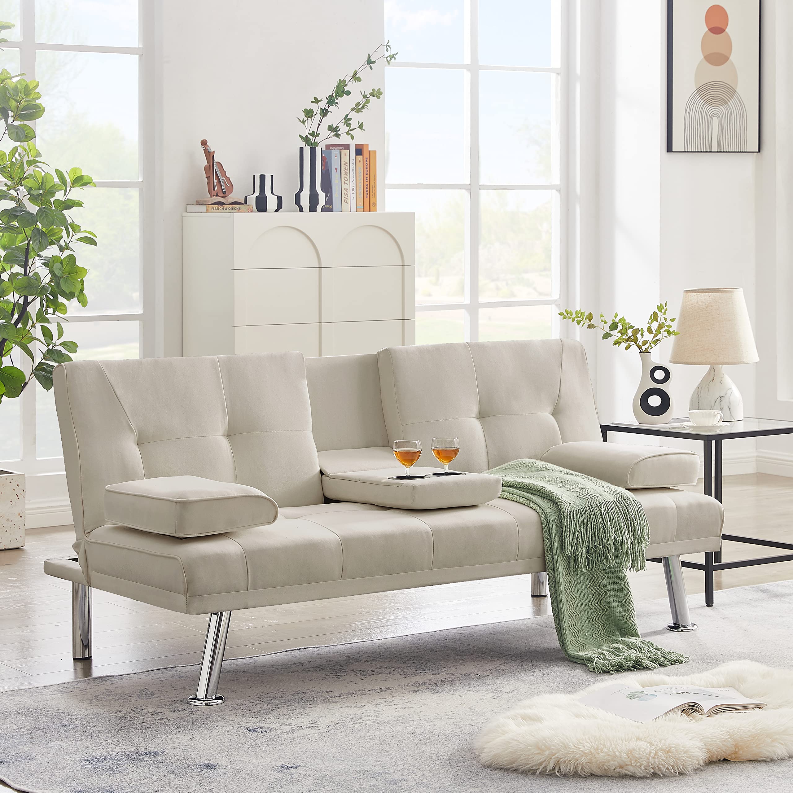 67" Modern Linen Upholstered Futon Sofa Convertible Sleeper Couch Bed Daybed Loveseat,Folding Recliner with 2 Cup Holders,Metal Legs,Removable Soft Pillow-Top Armrest for Living Room Compact Space