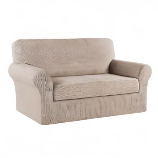 Turquoize Stretch Sofa Slipcover 2 Pieces Sofa Cover Couch Cover for 2 Cushion Couch Washable Furniture Protector Covers with Elastic Bottom Feature Thick Jacquard Fabric (Loveseat, Sand)