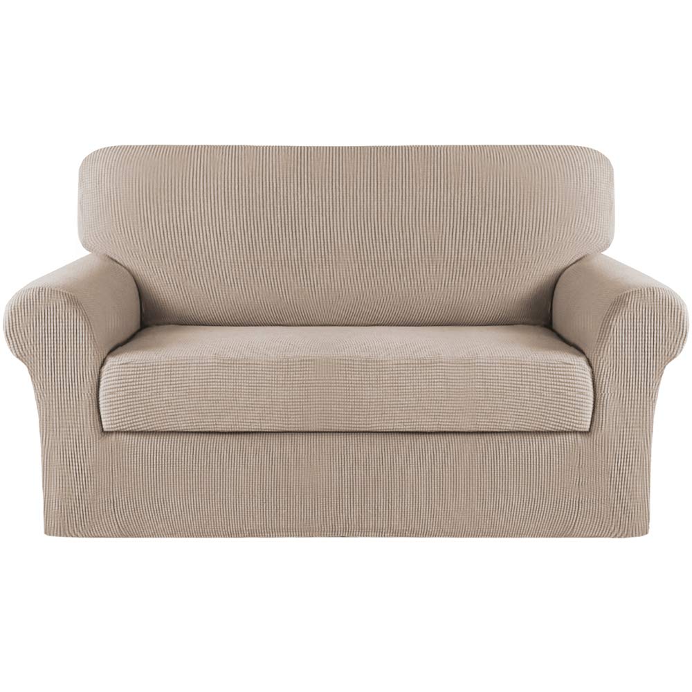 Turquoize Stretch Sofa Slipcover 2 Pieces Sofa Cover Couch Cover for 2 Cushion Couch Washable Furniture Protector Covers with Elastic Bottom Feature Thick Jacquard Fabric (Loveseat, Sand)