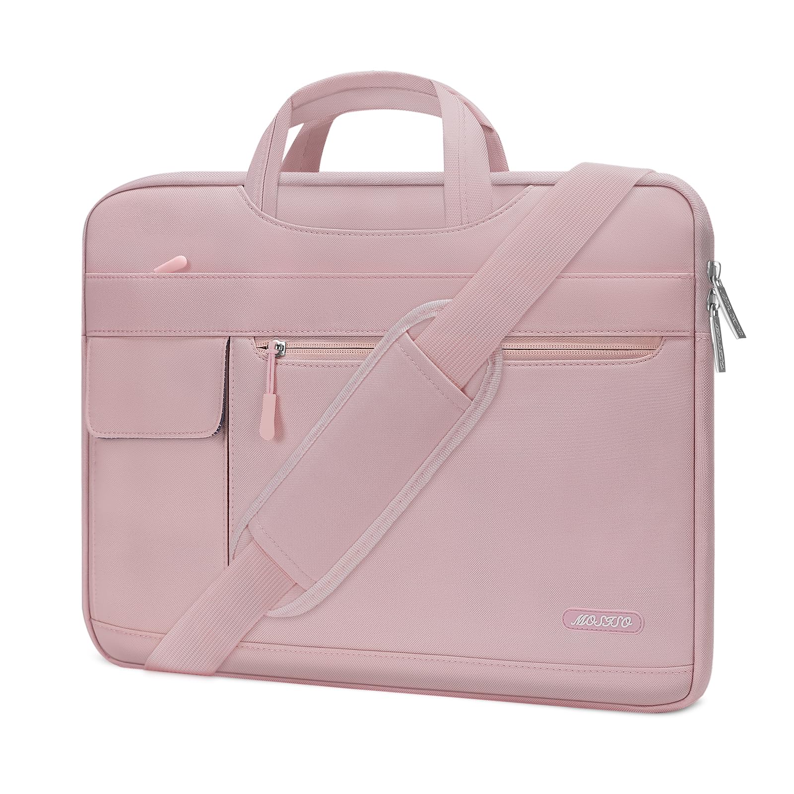 MOSISO Laptop Shoulder Bag Compatible with MacBook Air/Pro,13-13.3 inch Notebook,Compatible with MacBook Pro 14 inch M3 M2 M1 Pro Max 2023-2021,Polyester Flapover Briefcase Sleeve Case, Baby Pink