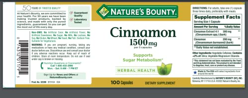 Nature's Bounty Cinnamon Herbal Supplement, Supports Sugar Metabolism, 1500mg Capsules, 100 Count