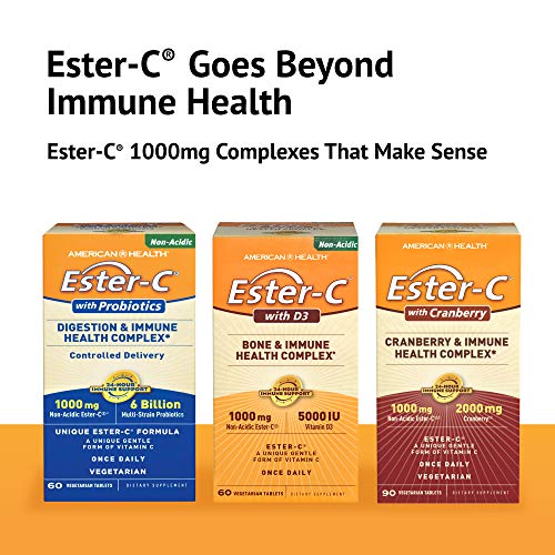American Health EsterC with D3 Bone Immune Complex Vegetarian Tablets 24Hour Immune Support 1000 mg EsterC 5000 IU Vitamin D3 NonAcidic Vitamin C Servings, 60 Count