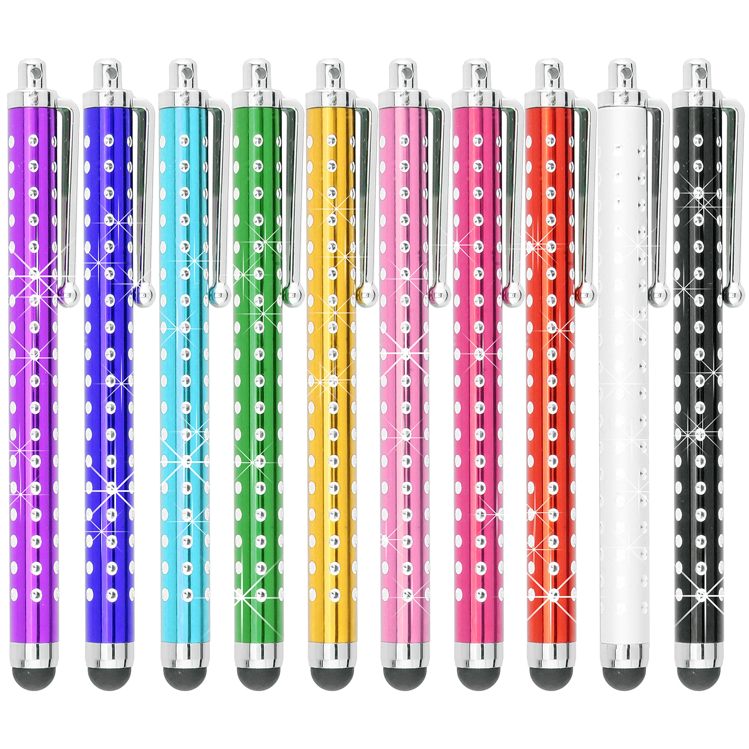 Eco-Fused 10 Pack Bling Metal Stylus Pens - Universal - Compatible with All Capacitive Touchscreen Devices - for iPad, iPhone, Samsung Phones and Tablets, All Android Phones and Tablets and More