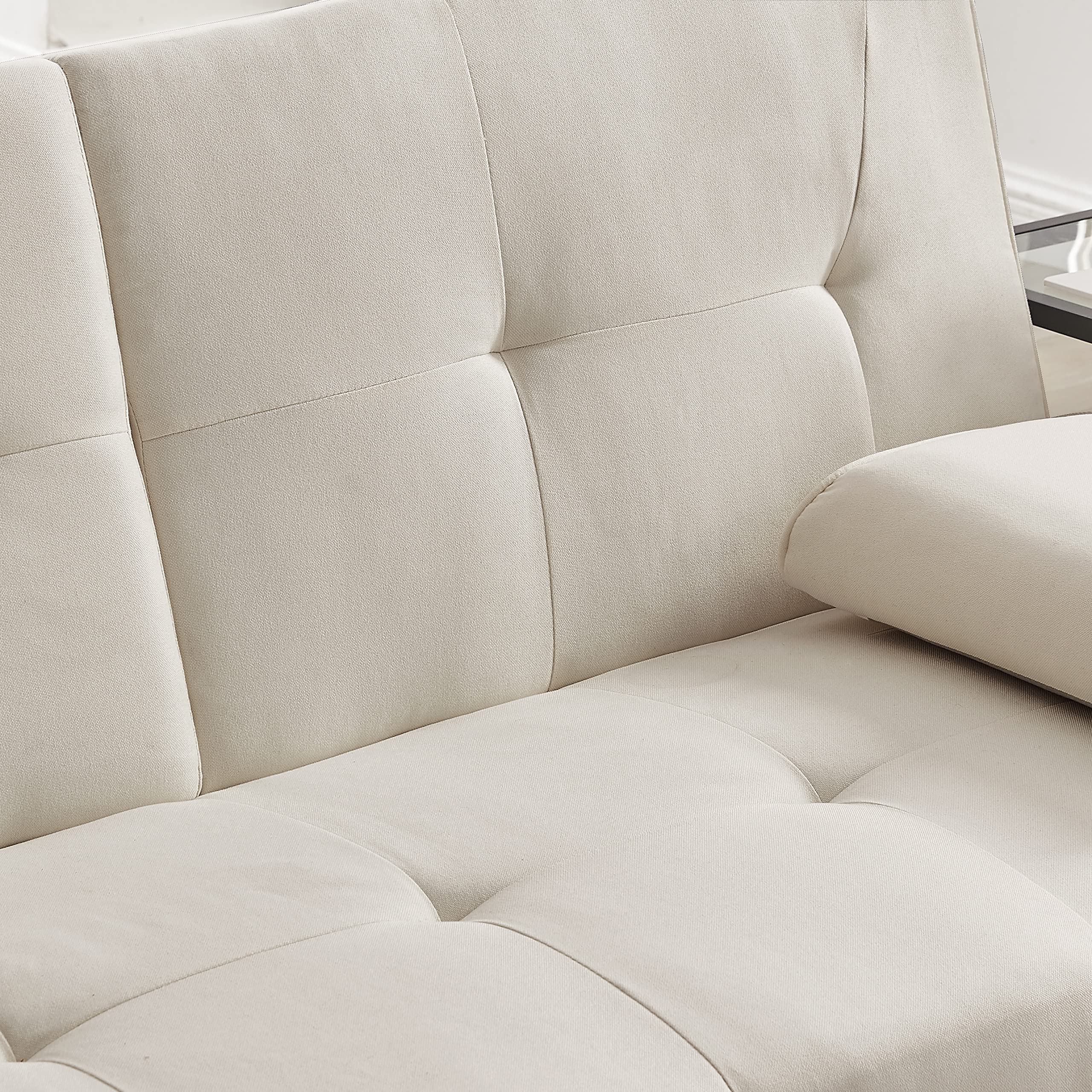 67" Modern Linen Upholstered Futon Sofa Convertible Sleeper Couch Bed Daybed Loveseat,Folding Recliner with 2 Cup Holders,Metal Legs,Removable Soft Pillow-Top Armrest for Living Room Compact Space
