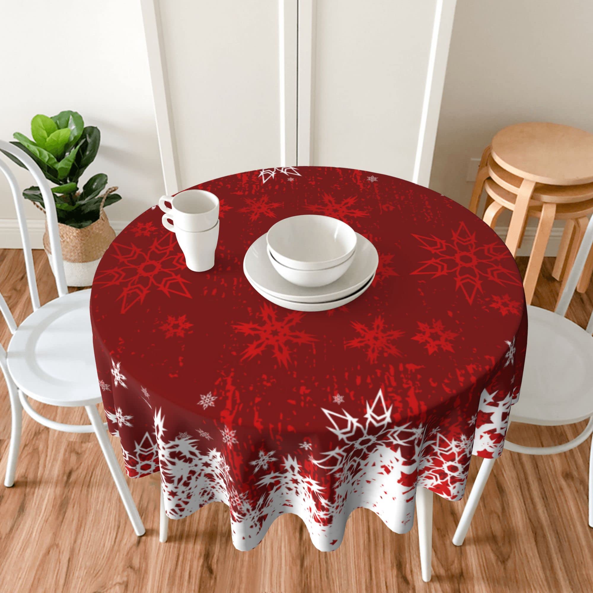 SHAPTOY Christmas Round Tablecloth 60 Inch Red Xmas Snowflake Table Cloth Rustic Winter Reusable Circle Fabric Table Clothes Cover for Picnic Party Dining Room Home Outdoor Decor
