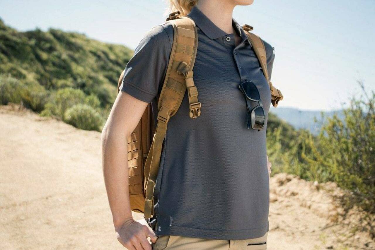 LAPG Women's Recon Jersey Short Sleeve Polo Shirt, Anti-Wrinkle Moisture Wicking Tactical Polo Shirt for Women - Heather Blue - Medium