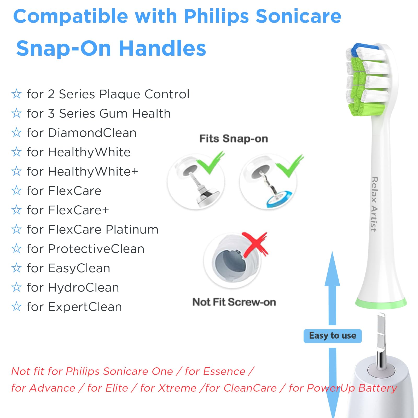 Relax Artist Toothbrush Replacement Heads for Philips Sonicare, Electric Replacement Toothbrush Head Compatible with Phillips Sonic Care Snap on Brush (4 Pack)