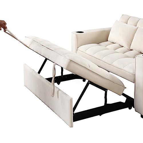 Eafurn Pull Out Sleeper Couch Convertible Futon Loveseat Sofa, 55.3", Beige with Cup Holder and USB Port