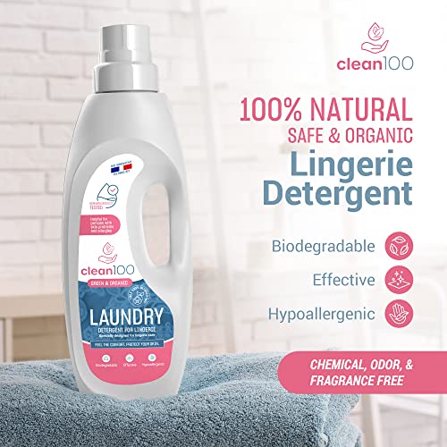 Clean100 100% All Natural Laundry Detergent Liquid for Lingerie 1L - Unscented Plant Based Laundry Detergent Liquid, Chemical & Fragrance-Free - Deep Cleans, Removes Tough Stains, For Sensitive Skin