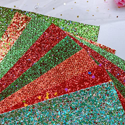 Greatdiy Sparkly Christmas Faux Leather Sheets 8x12 inch Shiny Mixed Red and Green Tinsel Chunky Glitter Fabric for Bows Crafts (Red-Green)