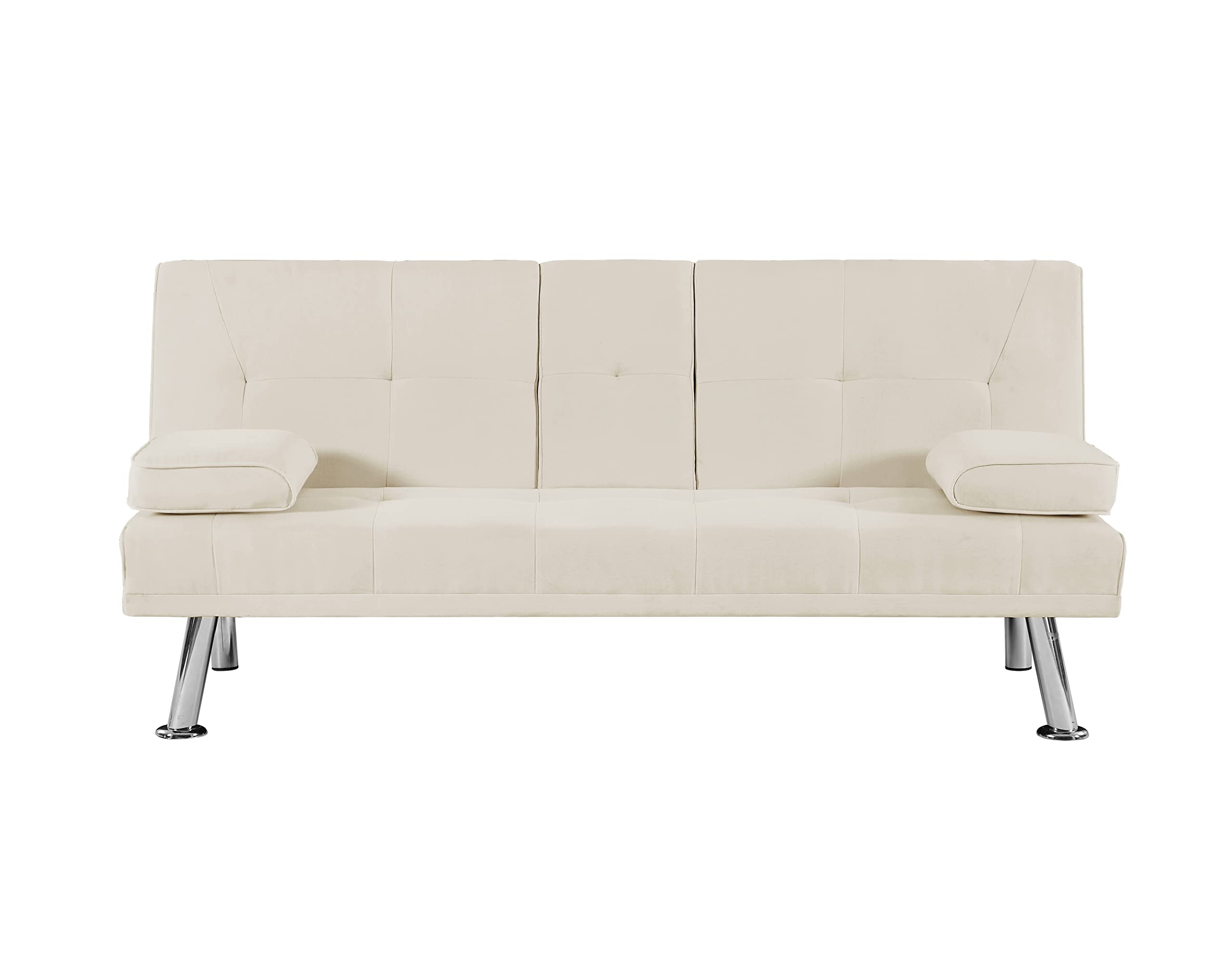 67" Modern Linen Upholstered Futon Sofa Convertible Sleeper Couch Bed Daybed Loveseat,Folding Recliner with 2 Cup Holders,Metal Legs,Removable Soft Pillow-Top Armrest for Living Room Compact Space