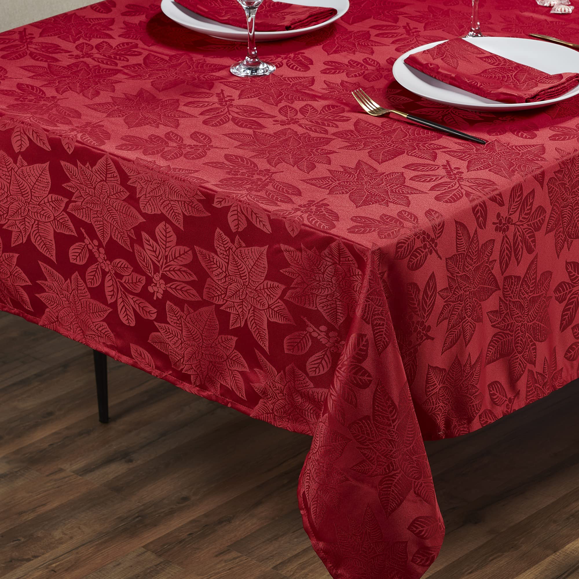 Kadut Christmas Tablecloth, Poinsettia Leaf Red Tablecloth (60 x 102 Inch) for 6 Foot Rectangle Tables, Heavy Duty Fabric, Table Cloth for Harvest, Xmas Holiday, Winter, and Parties Table Cover