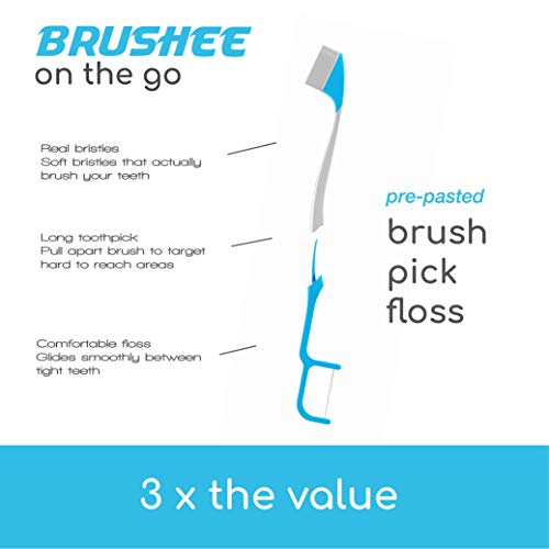 Brushee - The Evolution of Oral Care | 3-in-1 Tool (Pre-Pasted Mini-Brush + Floss + Pick) | Individually Wrapped | Disposable | Prepasted Travel Toothbrushes | Small Adult Toothbrush - (24-Pack)