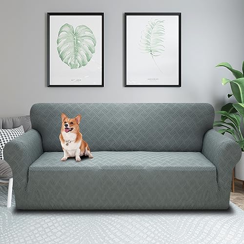JIVINER Stretch Loveseat Sofa Cover, 1 Piece Jacquard Couch Covers for 2 Cushion Couch with Elastic Bottom, Non Slip Soft Love seat Furniture Protector for Kids, Pets (Medium, Leaf Patten Light Gray)