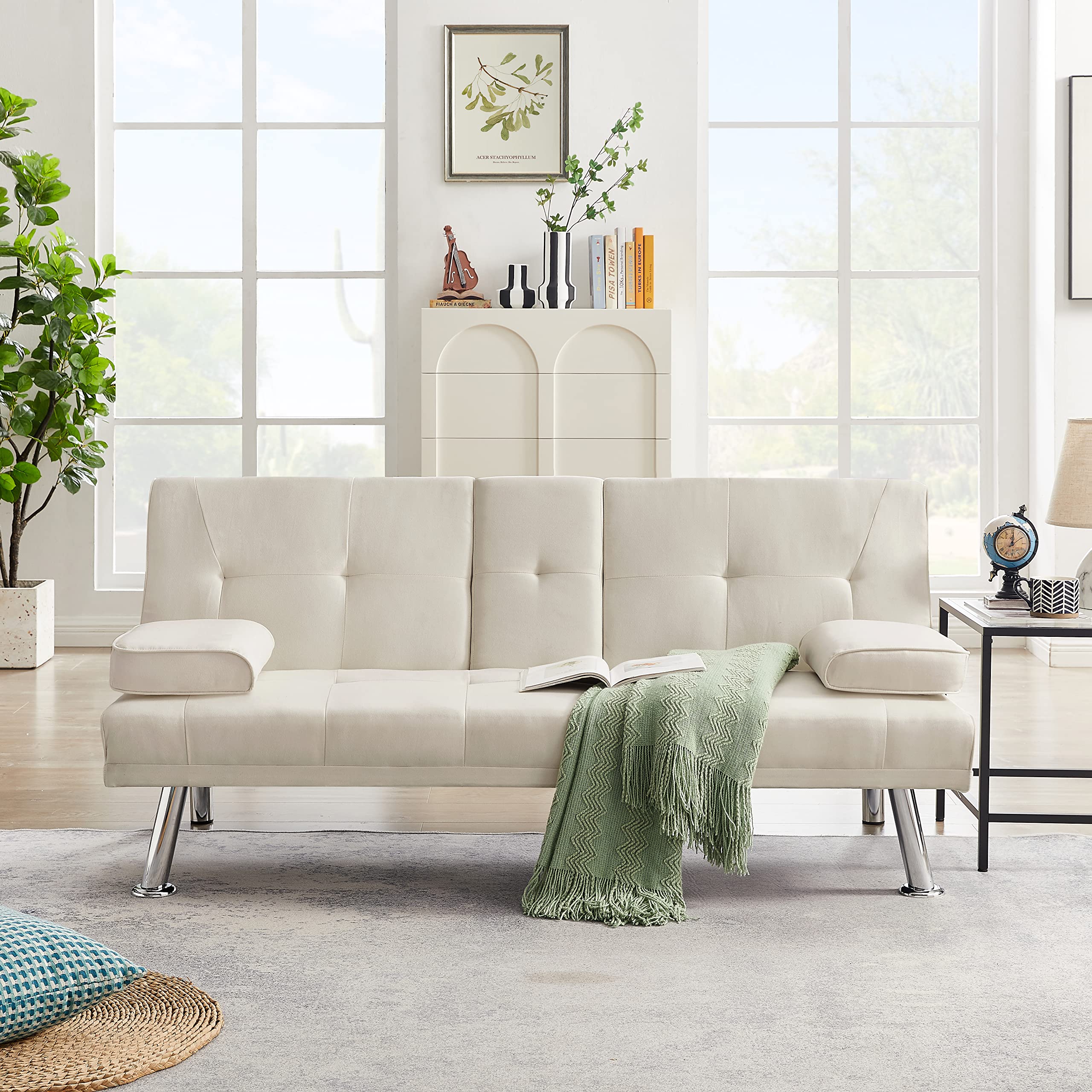 67" Modern Linen Upholstered Futon Sofa Convertible Sleeper Couch Bed Daybed Loveseat,Folding Recliner with 2 Cup Holders,Metal Legs,Removable Soft Pillow-Top Armrest for Living Room Compact Space