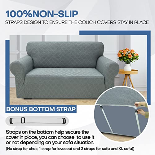 JIVINER Stretch Loveseat Sofa Cover, 1 Piece Jacquard Couch Covers for 2 Cushion Couch with Elastic Bottom, Non Slip Soft Love seat Furniture Protector for Kids, Pets (Medium, Leaf Patten Light Gray)