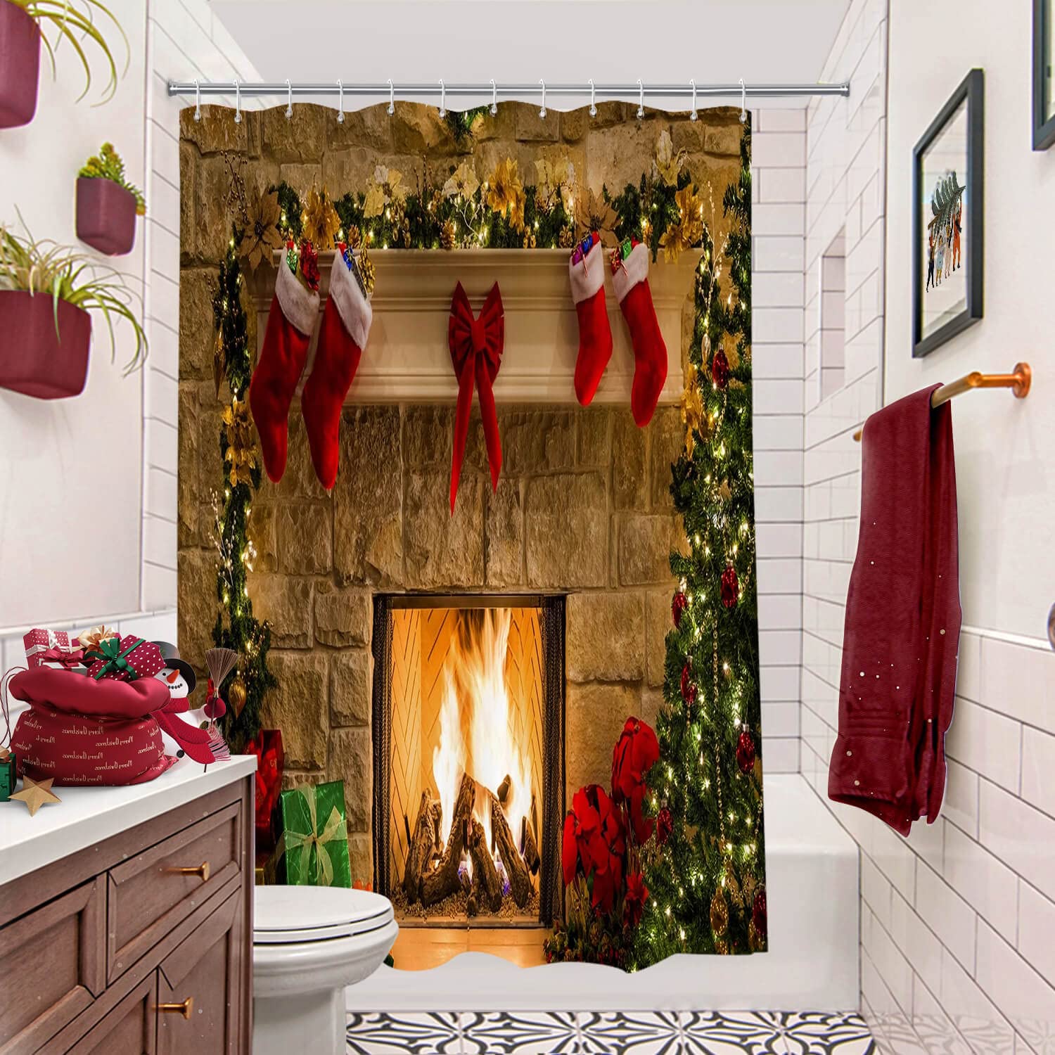 BROSHAN Fabric Christmas Shower Curtain, Red Christmas Shower Curtains for Bathroom, Winter Holiday Bathroom Decor, Xmas Tree Fireplace Pattern