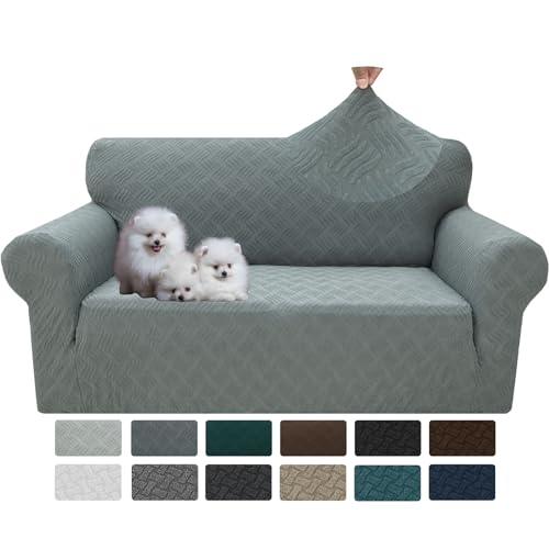 JIVINER Stretch Loveseat Sofa Cover, 1 Piece Jacquard Couch Covers for 2 Cushion Couch with Elastic Bottom, Non Slip Soft Love seat Furniture Protector for Kids, Pets (Medium, Leaf Patten Light Gray)