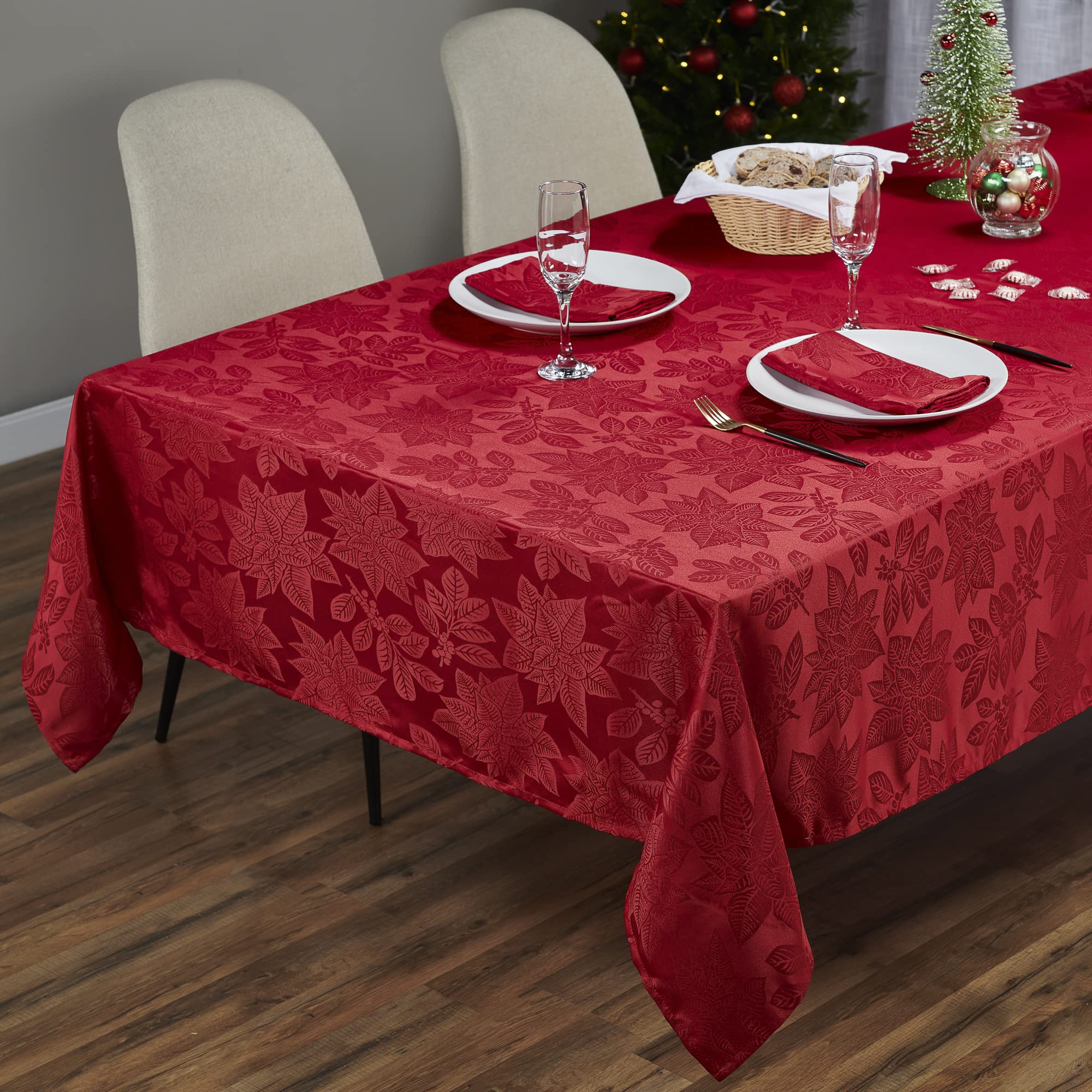 Kadut Christmas Tablecloth, Poinsettia Leaf Red Tablecloth (60 x 102 Inch) for 6 Foot Rectangle Tables, Heavy Duty Fabric, Table Cloth for Harvest, Xmas Holiday, Winter, and Parties Table Cover