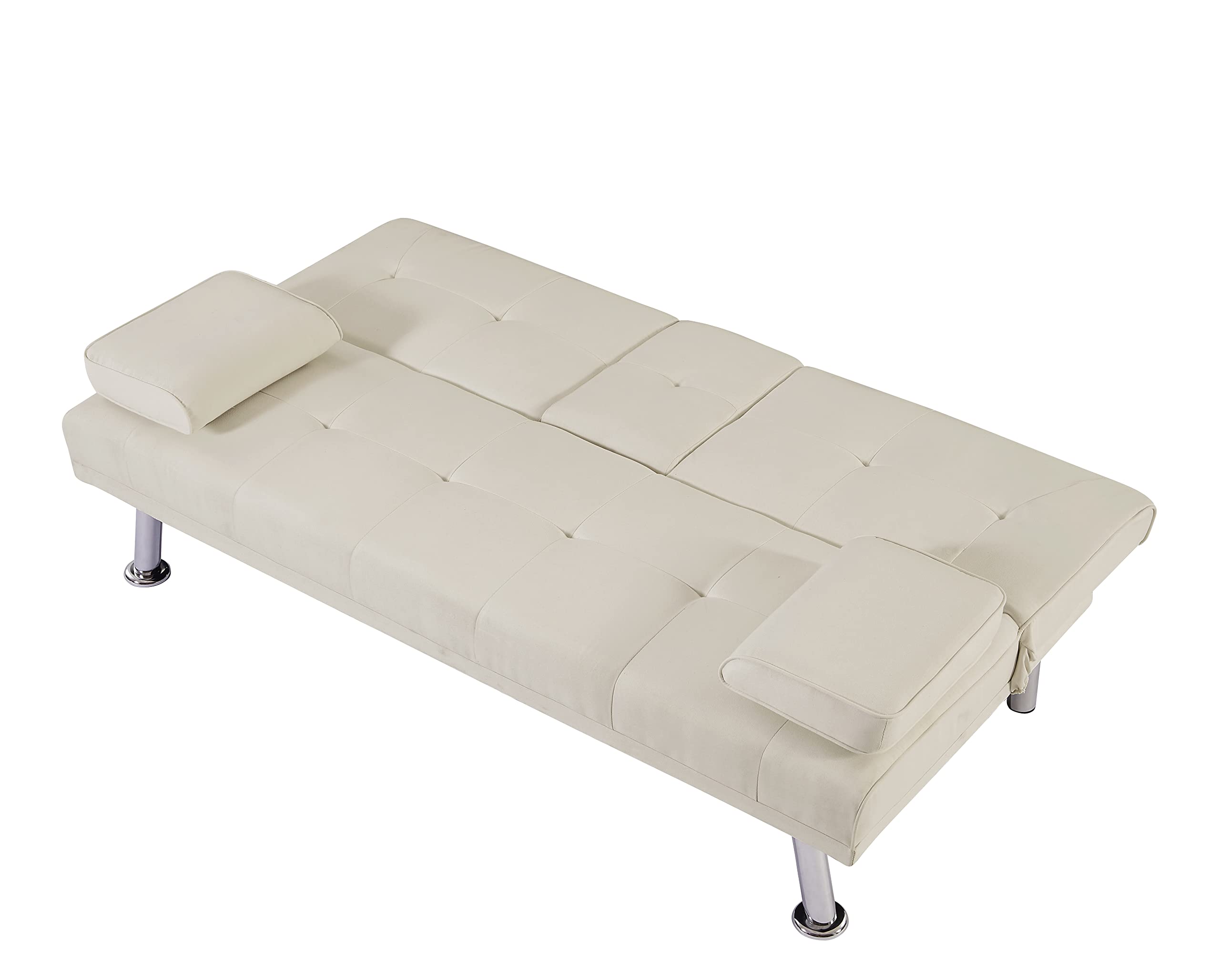 67" Modern Linen Upholstered Futon Sofa Convertible Sleeper Couch Bed Daybed Loveseat,Folding Recliner with 2 Cup Holders,Metal Legs,Removable Soft Pillow-Top Armrest for Living Room Compact Space