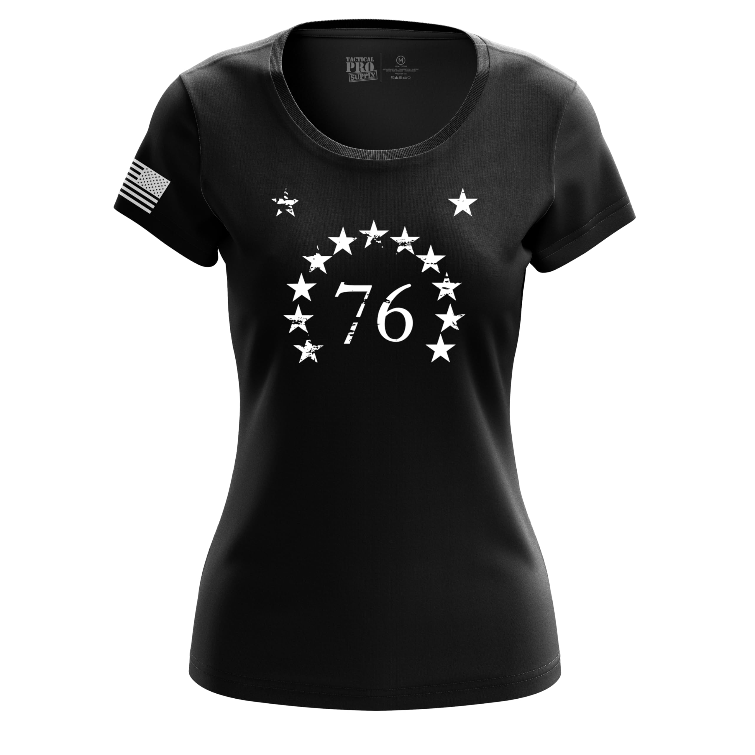 Tactical Pro Supply Patriotic American Flag Womans Short Sleeve Crew Neck T-Shirts Made from 100% Cotton - 1776 Stars - X-Large