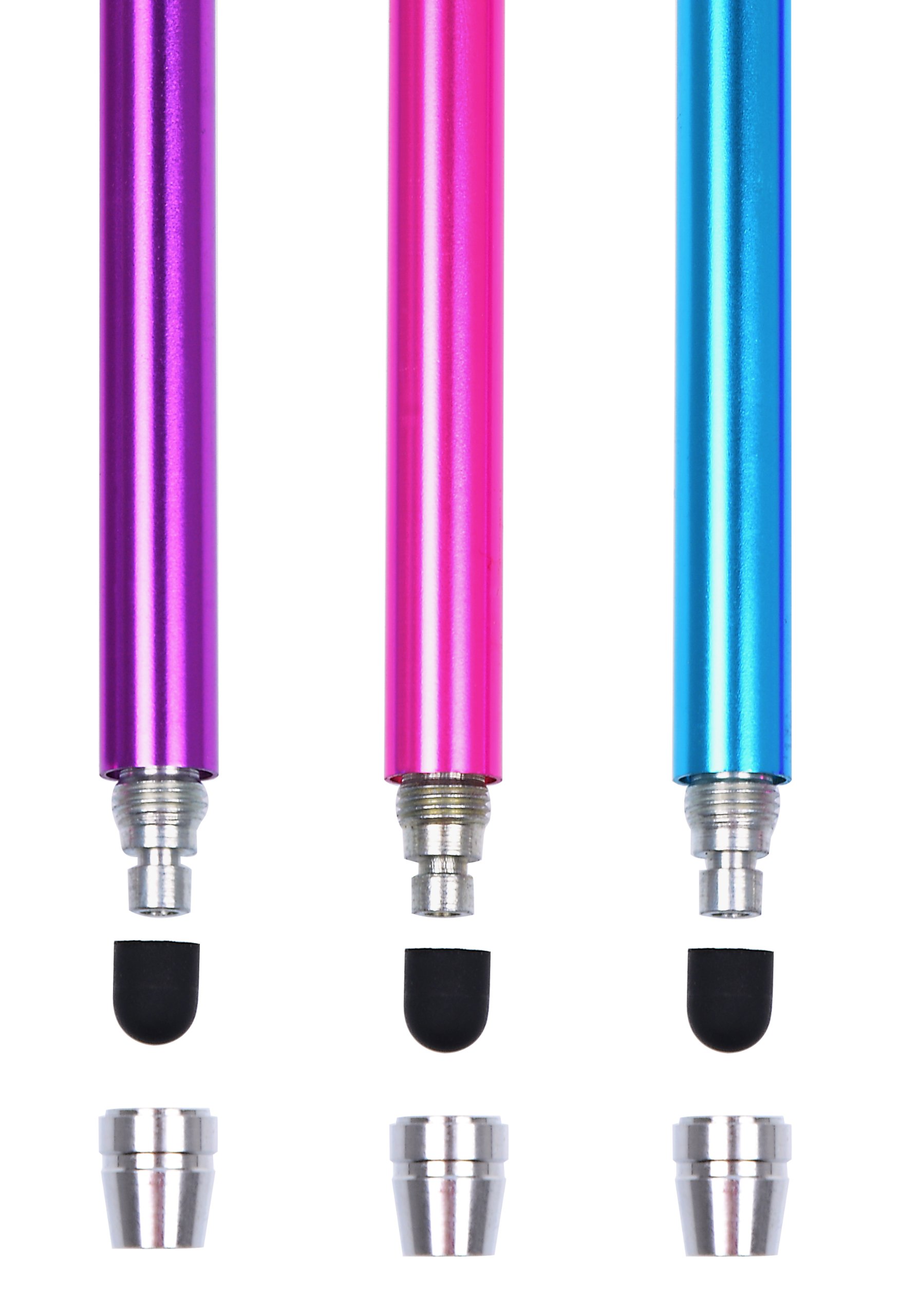 The Friendly Swede Extra Long Stylus Pen for Touchscreen — Set of 3 Thin-Tip High Precision Capacitive 7.3" Stylus Pens; Incl. Elastic Lanyards, 3 Replaceable Tips & Cleaning Cloth - Pink/Purple/Blue